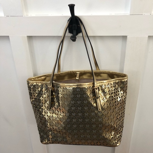 Michael Kors | Bags | Michael Kors Perforated Metallic Small Gold Tote ...